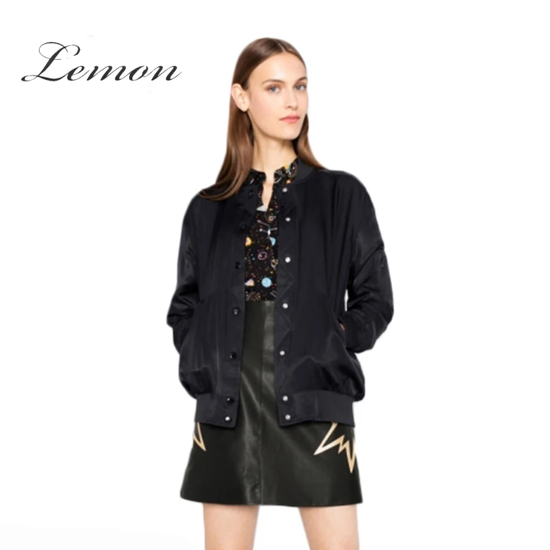 Lemon-Women-Bomber-Jacket-Black-Stand-Collar-Single-Breasted-Coat ...