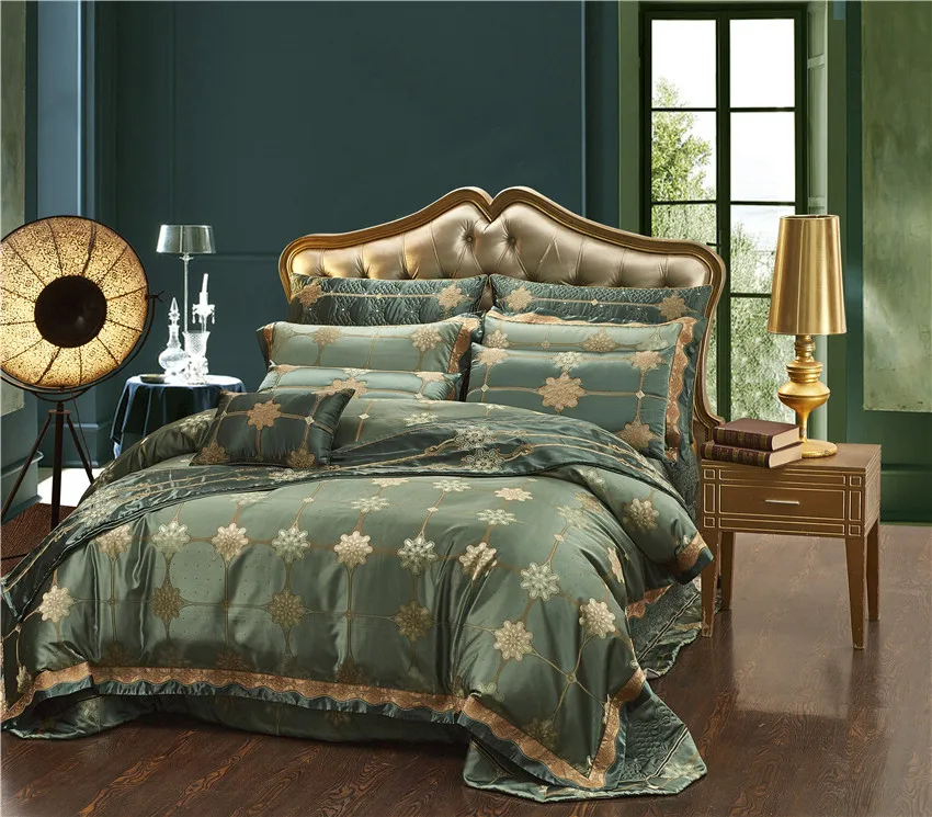 4 6 Green Color Luxury Silky Cotton Satin Jacquard Bedding Set Queen