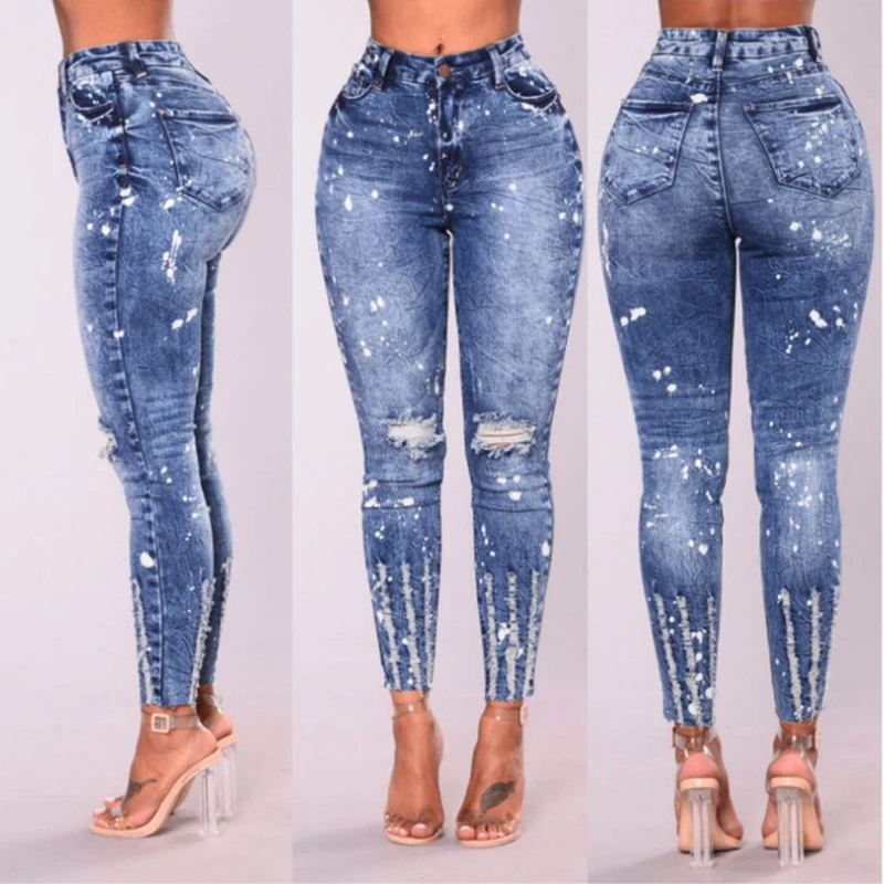 2018 Ripped Fashion Jeans Women Classic High Waist Skinny Pencil Blue