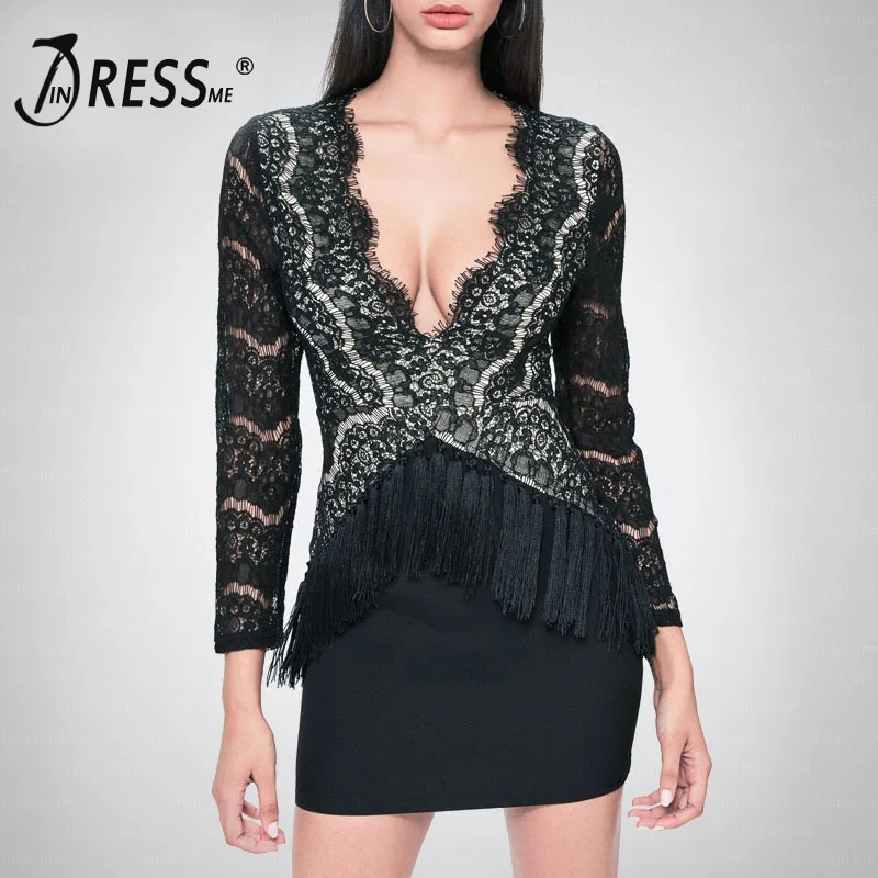 Indressme Sexy Deep V Lace Autumn Women Bandage Dress Elegant Solid Black Tassel Full Sleeve