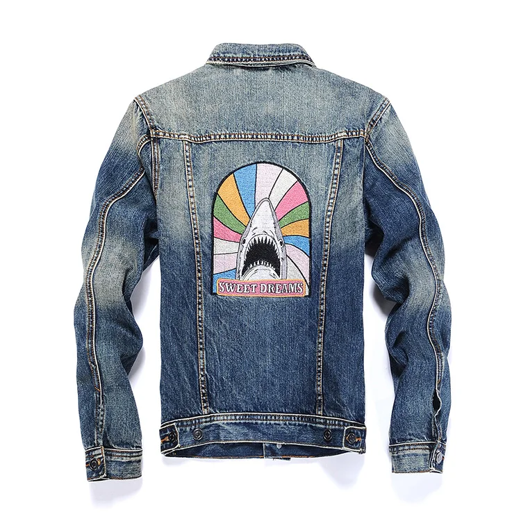 2017 Fashion sharks head embroidery men and women denim jacket men's ...