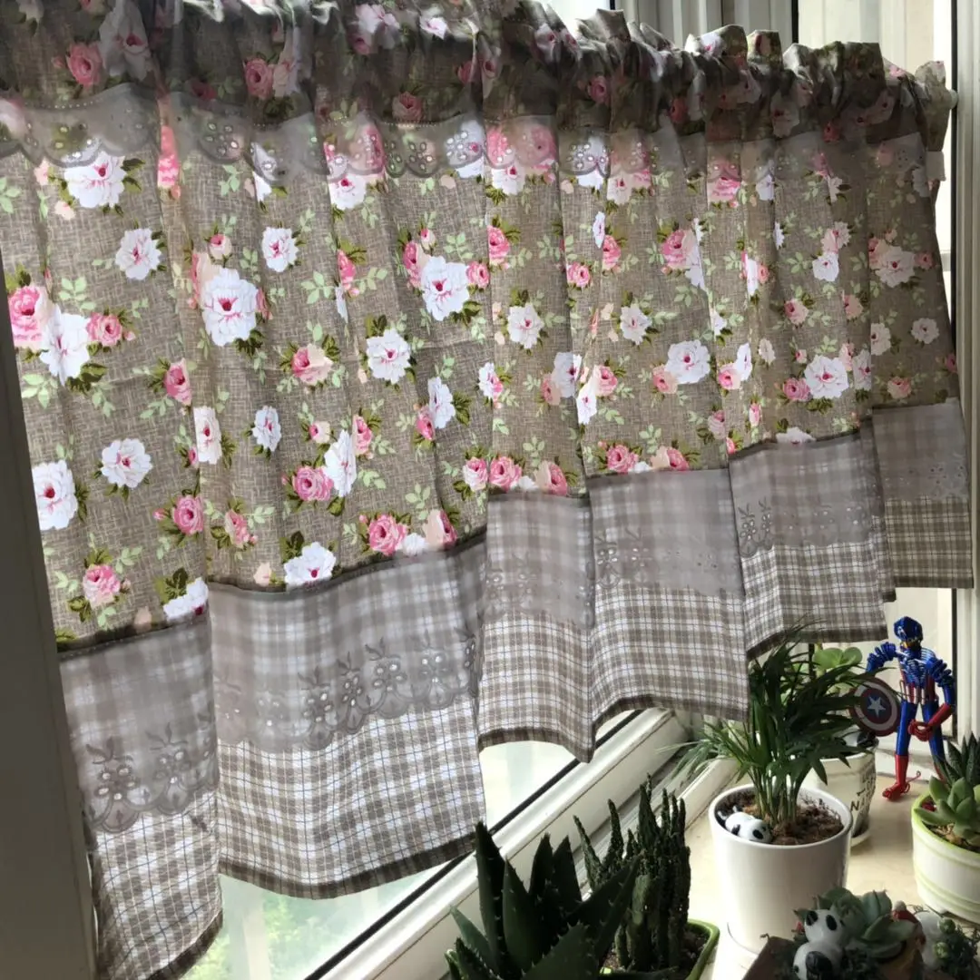 커피 격자 무늬 스플라이스 화이트 레이스 꽃 무늬 천 장식 짧은 커튼 주방찬장선반 파티션 커튼 50150 꽃무늬 프린트