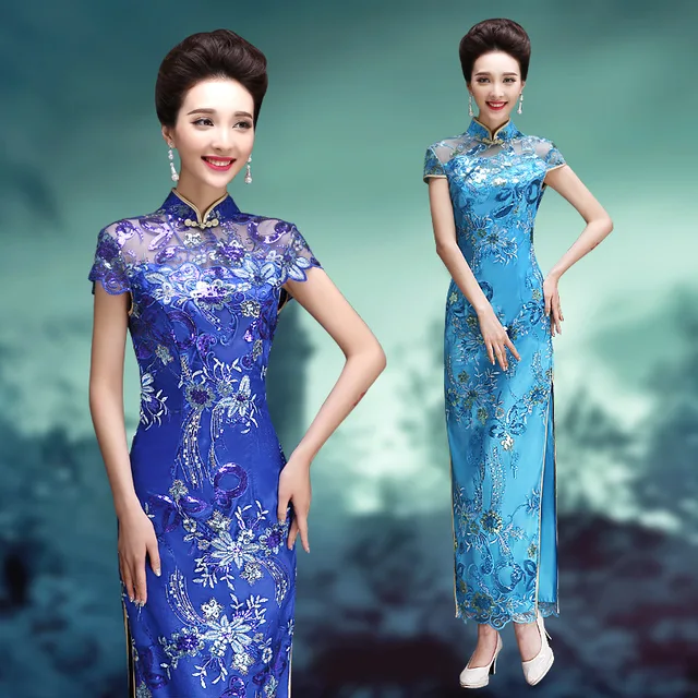 Sexy Lace Cheongsam Dress Sequins Long Cheongsams Plus Size Blue ...