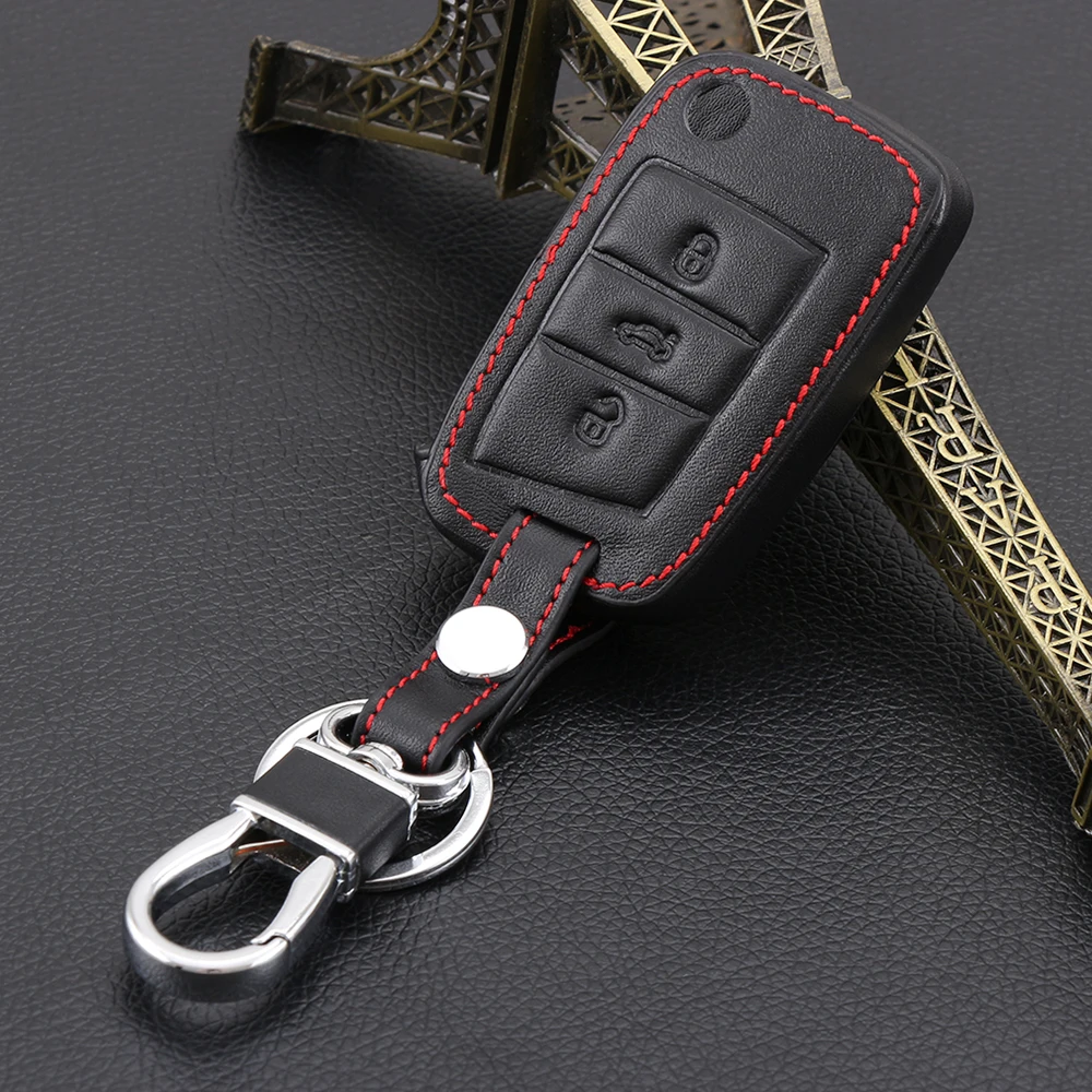 Genuine leather Key Fob Case Bag Key Chain Ring Cover For Volkswagen VW ...