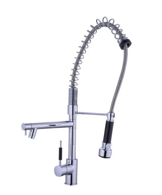 Polished Chrome Brass Dual Swivel Pull Out Spray Spout Kitchen Sink Swivel Spout Faucet Mixer