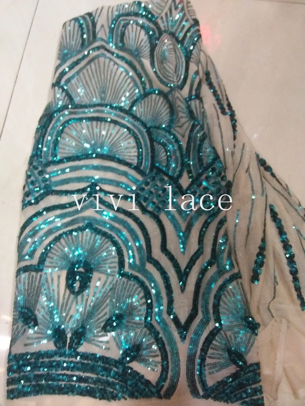 5yards QJ022 green sequin paillette embroidery mesh lace african fabric ...