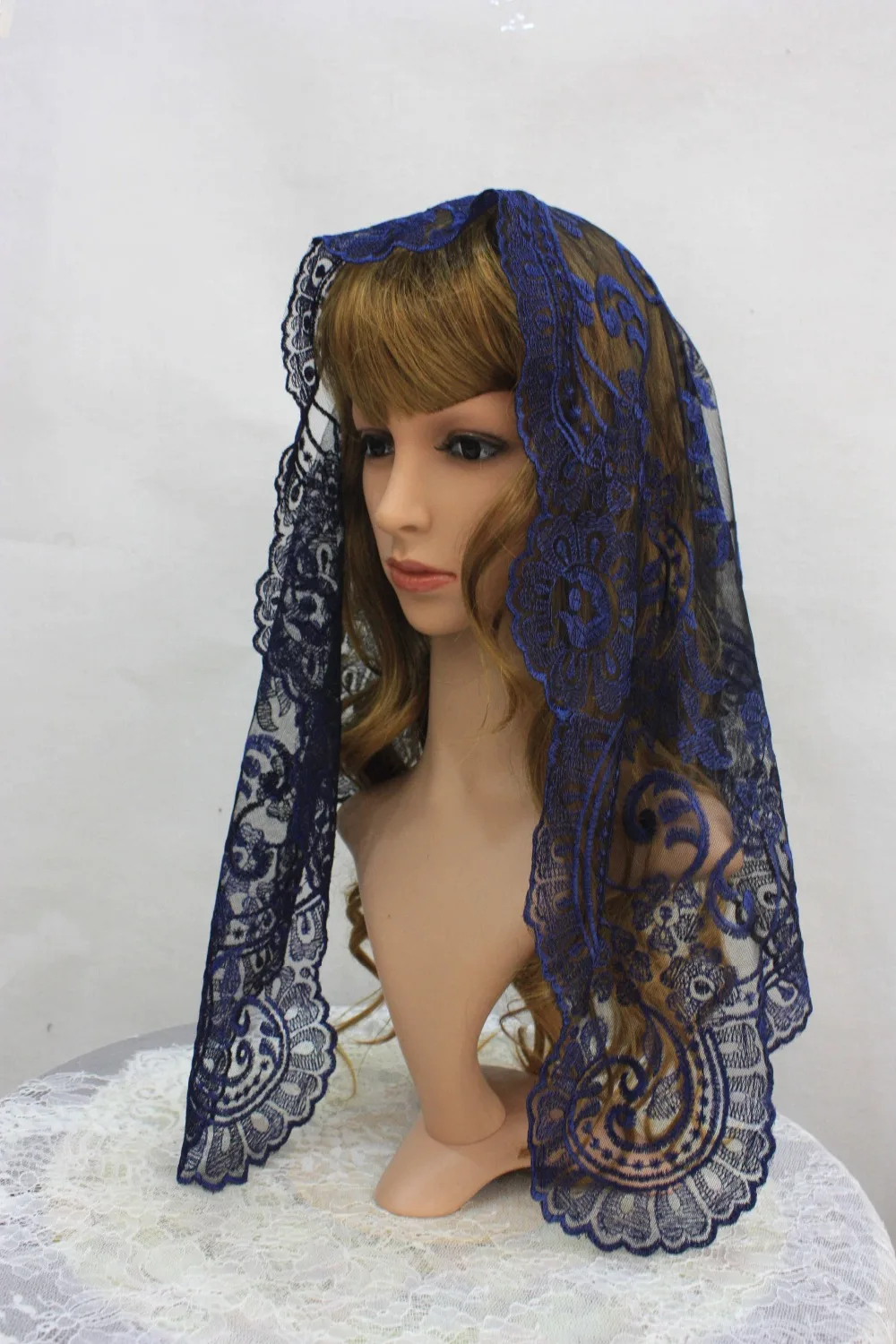 Blue Infinity Veil Mass Lace Cover Up Bridesmaids Catholic Chapel ...