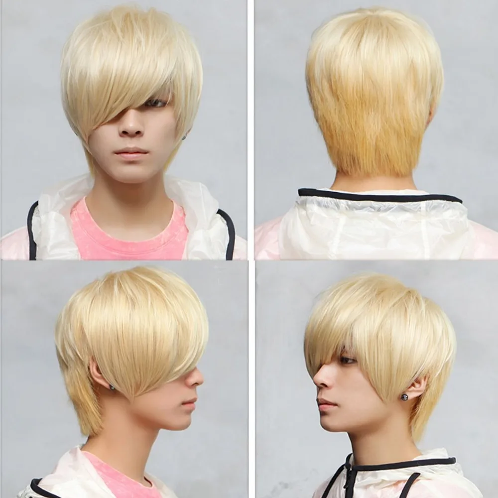 unisex cool yellow anime wig short straight hand weave hair cosplay ...