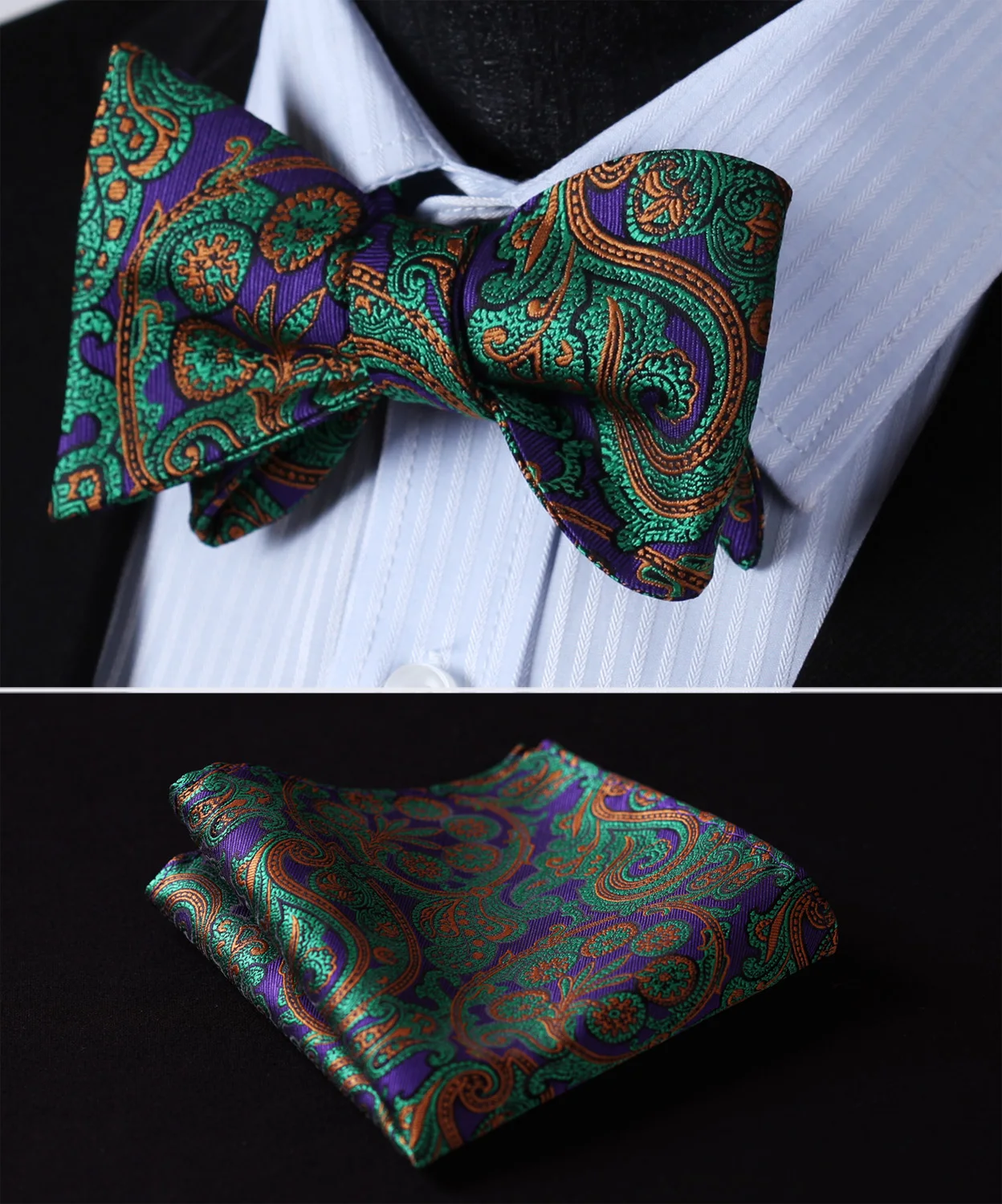 BP806GS Green Purple Paisley Bowtie Men Silk Self Bow Tie handkerchief ...