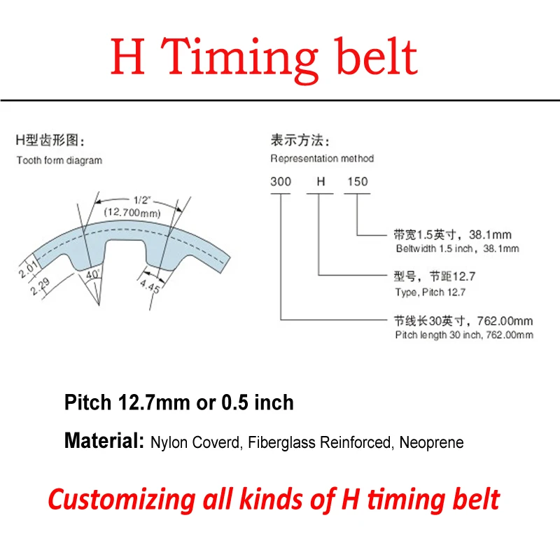 높은 토크 H 타이밍 벨트 pitch12.7mm 또는 0.5 "네오프렌 고무 사용자 정의 모든 종류의 H 타이밍 풀리 무료 배송 ...
