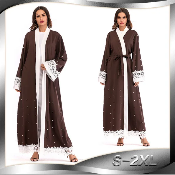 Muslim Embroidery Lace Beading Abaya Cardigan Dress Long Robe Gowns ...