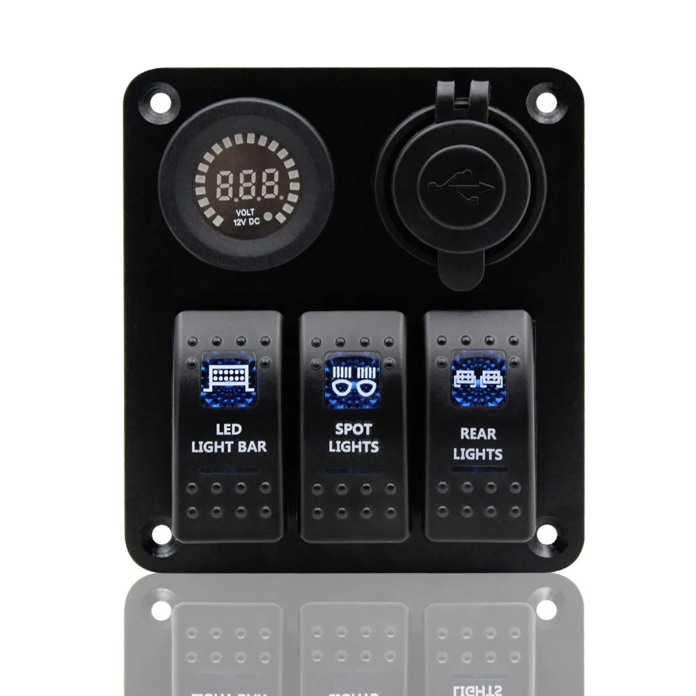3 Gang Waterproof Rocker Switches Panel with DC 12V Digital Voltmeter ...