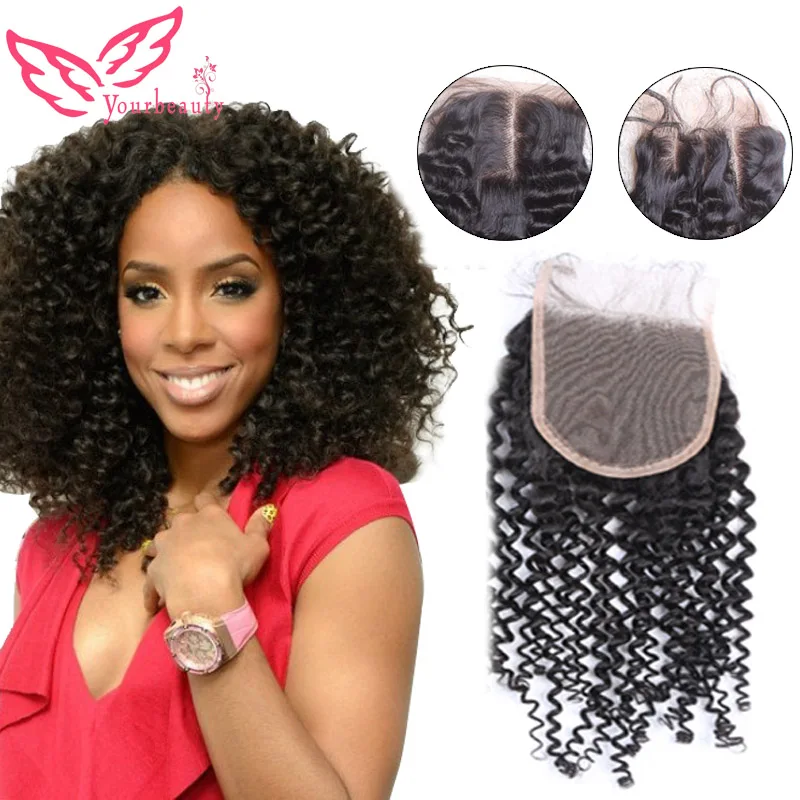 7a Mongolian Kinky Curly Lace Closure With Bleached Knots Virgin Human Hair Closure Free Middle