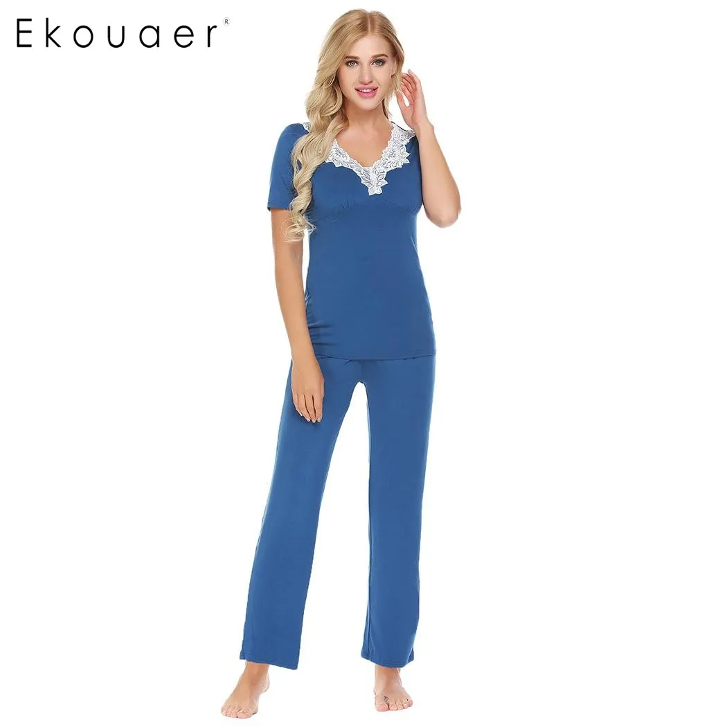Ekouaer Women Casual Pajamas Sleepwear Cotton V Neck Short Sleeve Lace ...