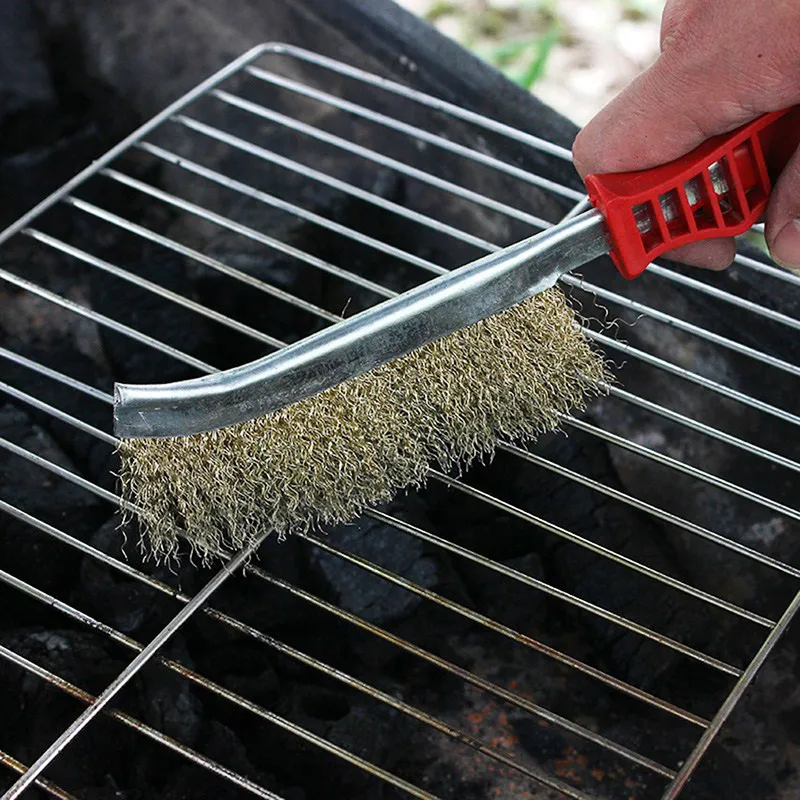BBQ Grill Cleaning Brush Red Plastic Handle Steel Wire Brush Copper