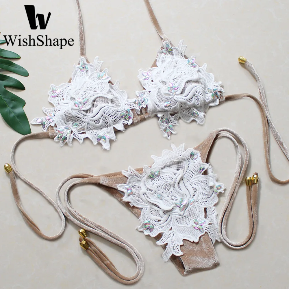 Sexy String Bikini Thong Swimsuit Rhinestone Embroidered Flower Bikinis Set Push Up Swimwear
