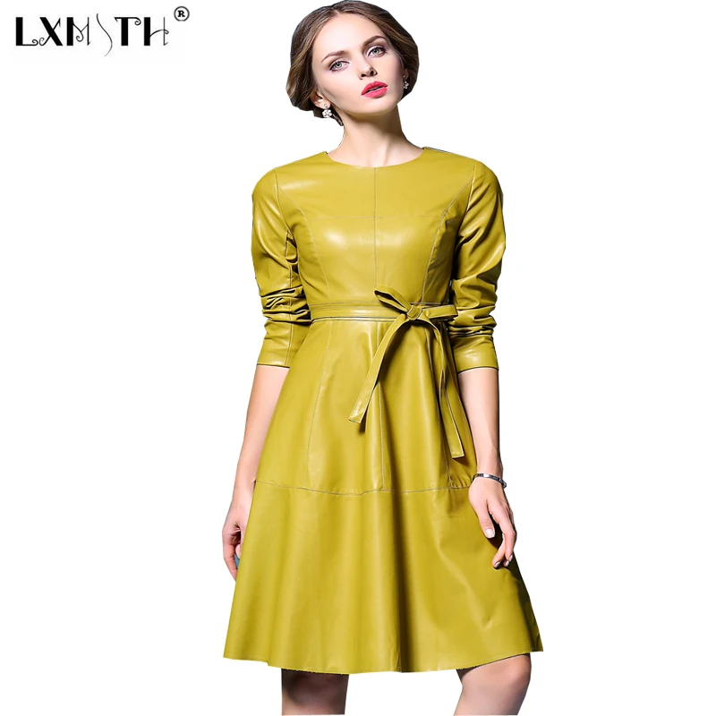 Ladies Pu Dress Long Sleeve Faux Leather Dress Sexy Sashes Elegant A ...