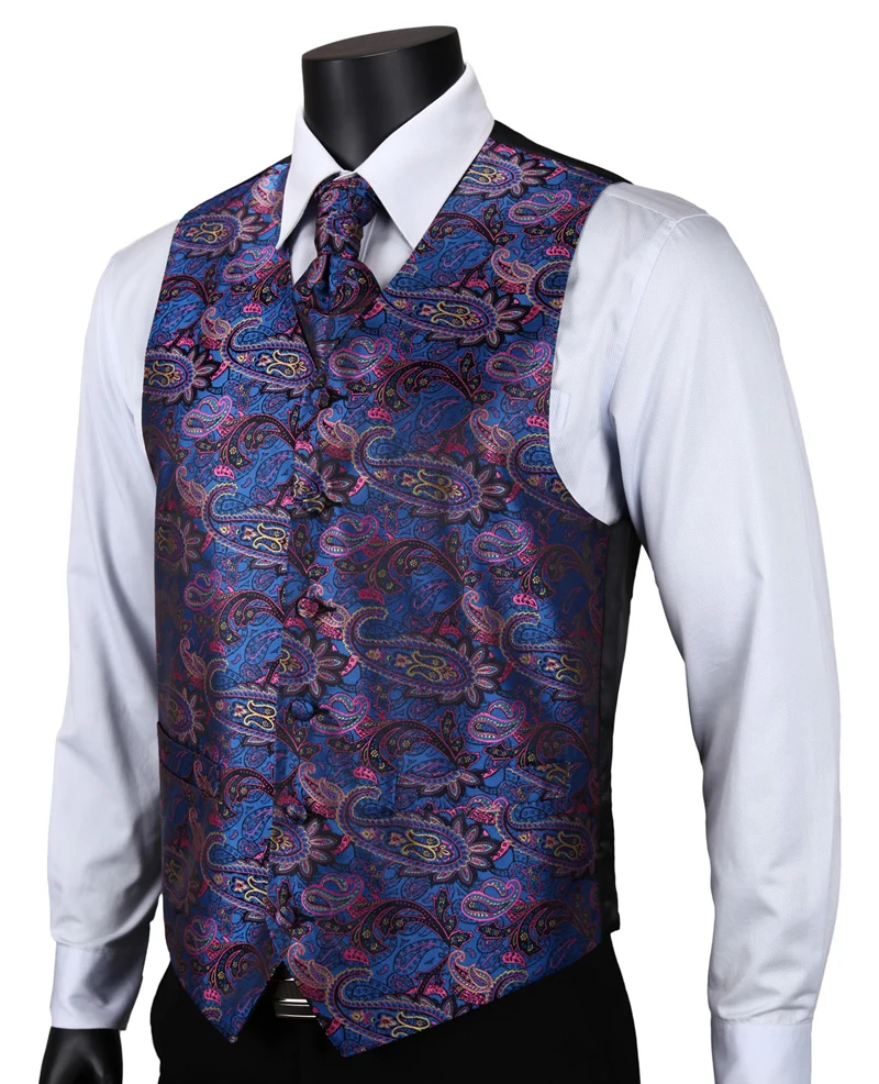 Ve15 Purple Blue Paisley Top Design Wedding Men 100 Silk Waistcoat Vest Pocket Square Cufflinks