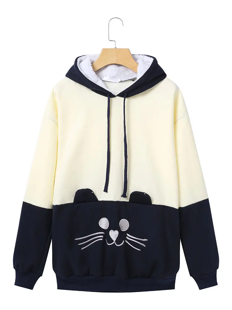 2018 Women Sweatshirts Cute Cat Print Cat Ear Kawaii Hoodies Casual