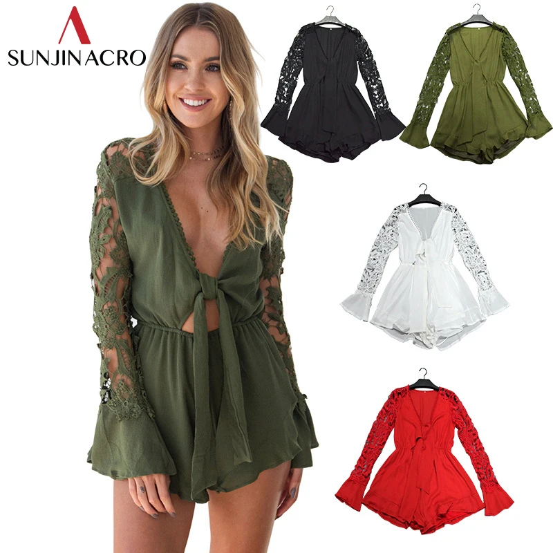 Sunjinacro 2019 Spring Sexy Lace Full Sleeve Playsuits Women 4 Color