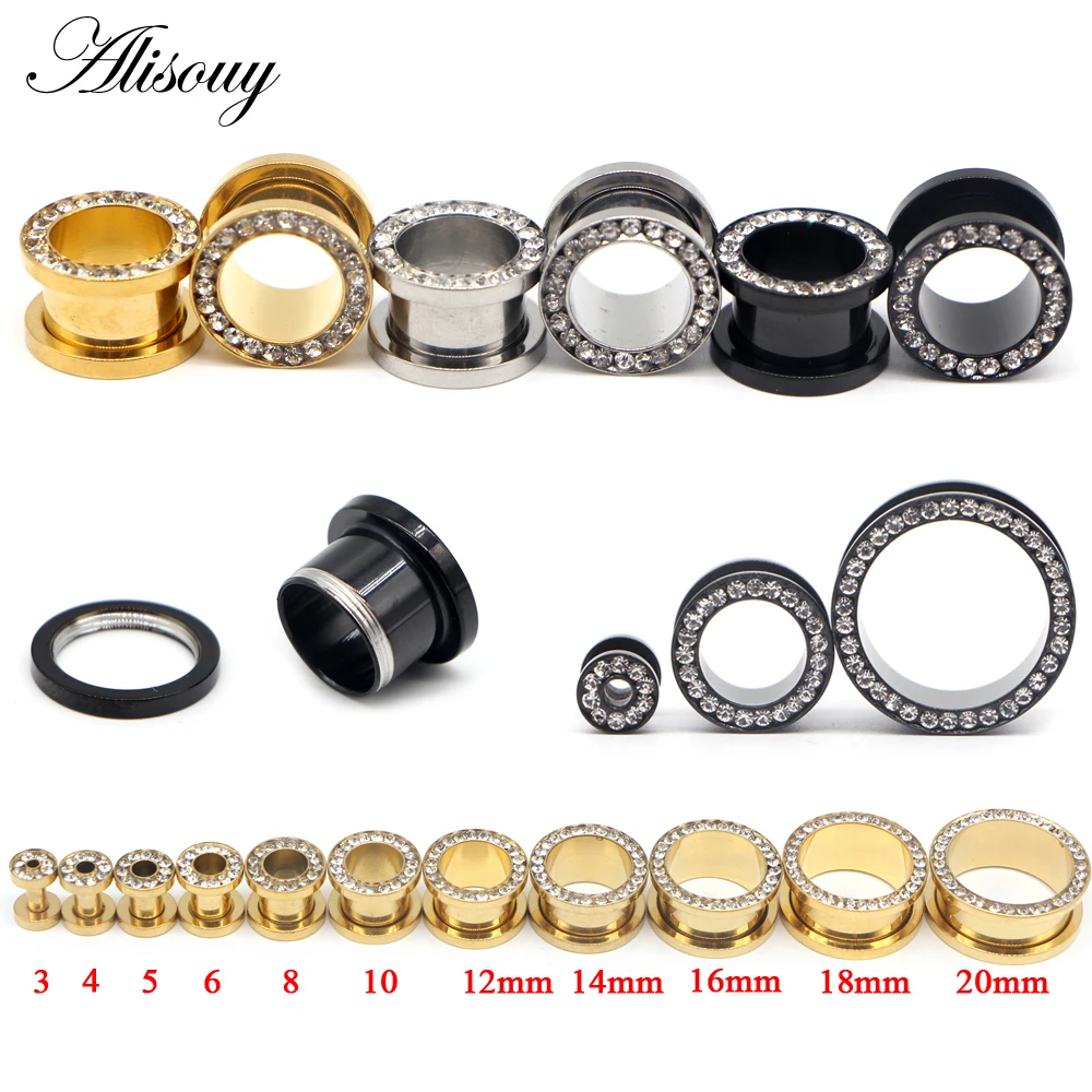 Alisouy 2pcs Ear Expansion Black Gold color Stainless Steel Crystal Ear ...