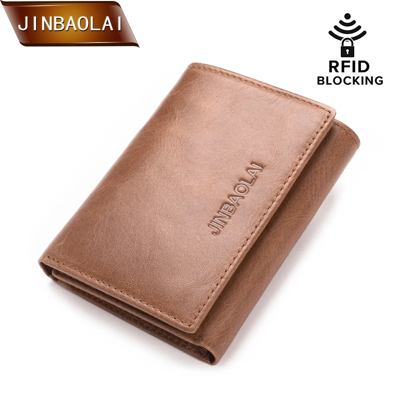 JINBAOLAI Genuine Leather Men Wallets Trifold Wallet with Double ID ...