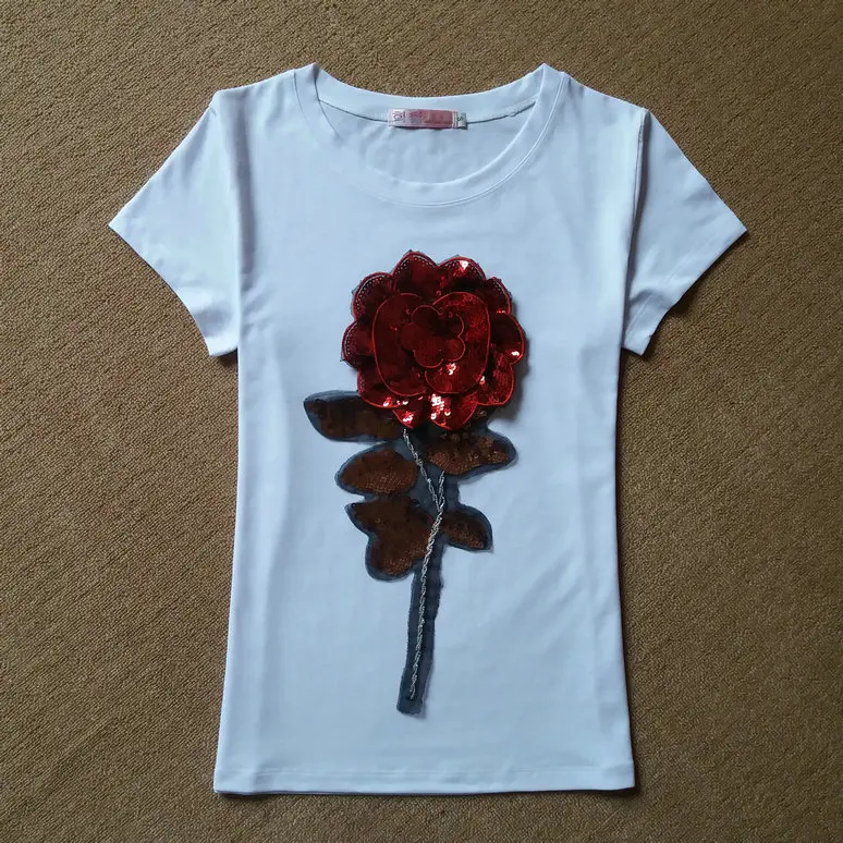 Alta qualidade rosa flor top de lantejoulas para as mulheres t shirt ...