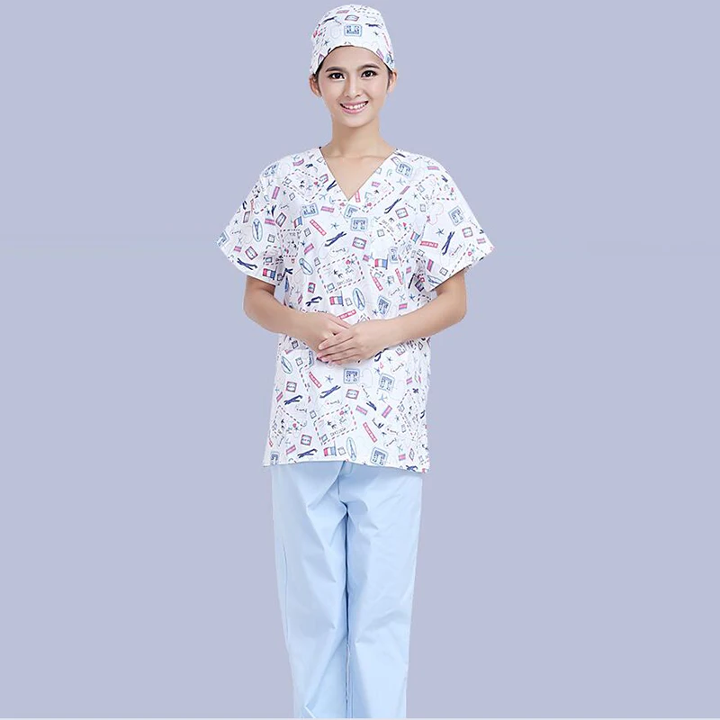 Cotton Print Doctor Nurse Uniform Women Short Sleeve Scrub Sets Medical ...
