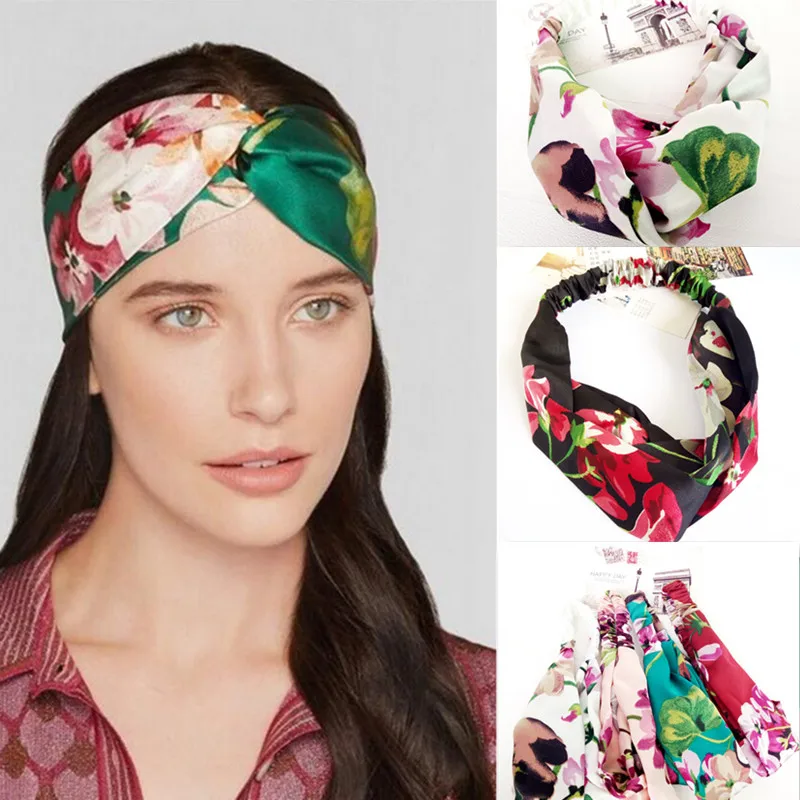 Vintage Elastic Turban Twisted Knotted Headband Ethnic Floral Wide