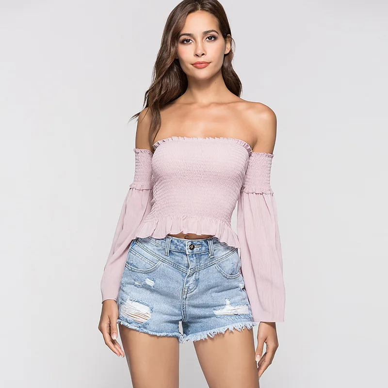 Liva Girl Off Shoulder Summer Long Flare Sleeves Slim Top Cropped Sexy ...