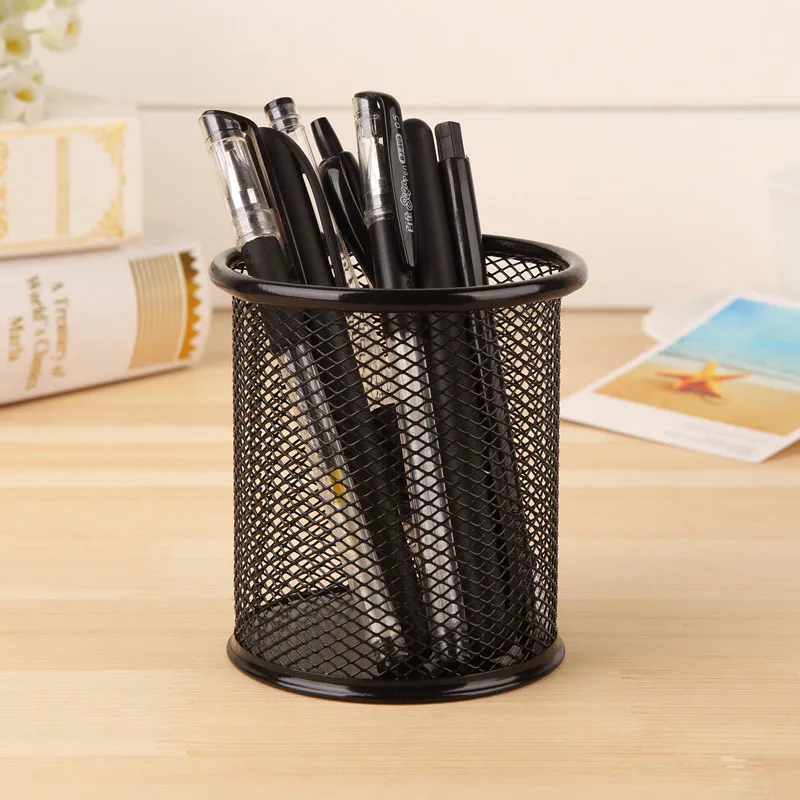 1pc Black Pen Pencil Ruler Holder Metal Stand Mesh Style Desk Organizer Makeup Brushes Storage