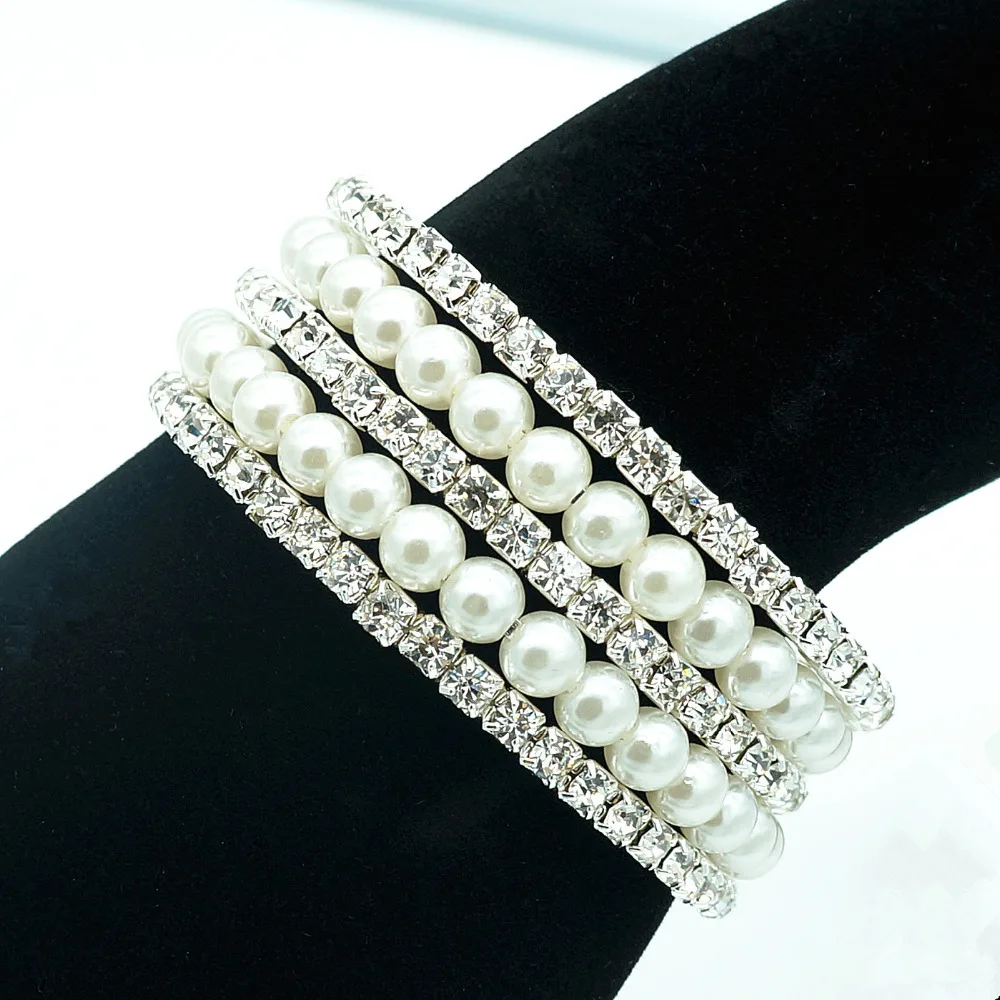 New Multi-layer bracelet Imitation pearls crystal bracelets Flexible ...