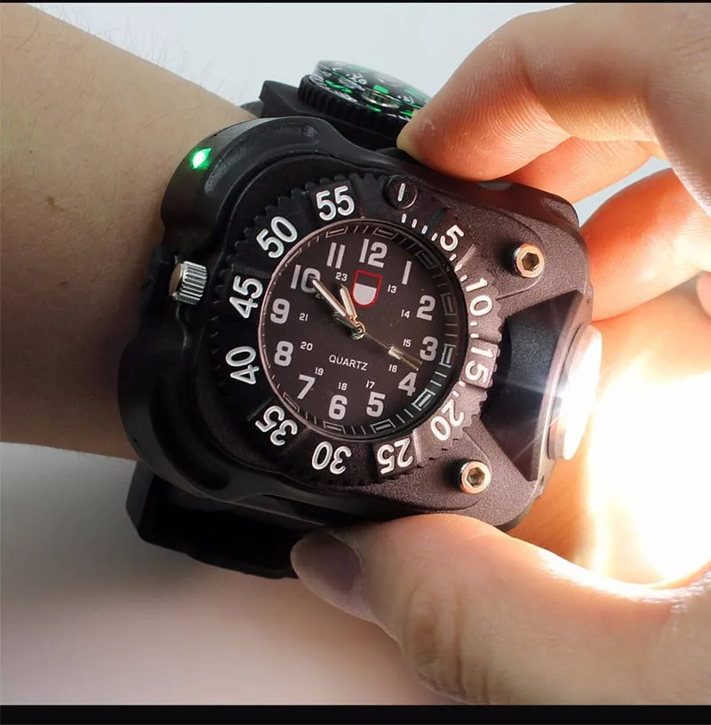 Rechargeable LED Watch Flashlight Tactical Compass Flash Torch ...