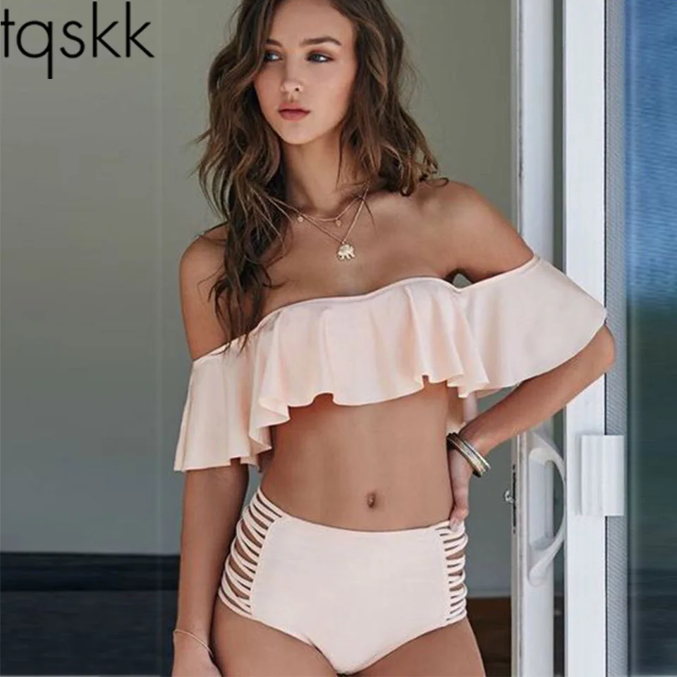 Tqskk 2019 New High Waist Swimsuit Women Bikinis Female Swimwear Solid