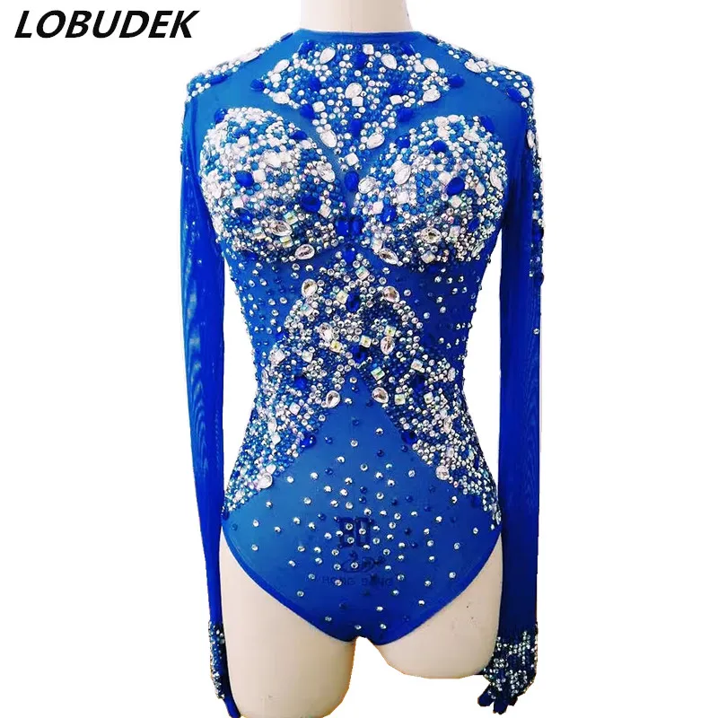 Shining Blue Rhinestones Pearls Stretch Bodysuit Sexy Mesh Perspective