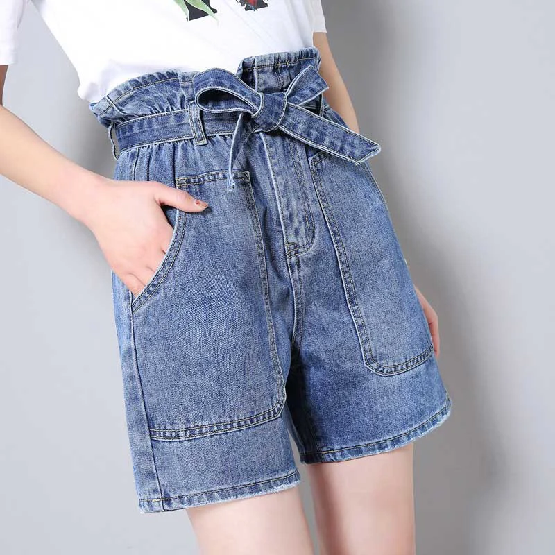 Schinteon Over Size Women Denim Shorts Ruffles High Waist Summer Jeans