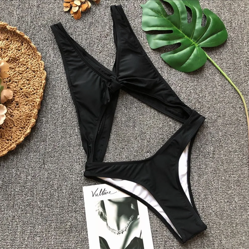 Swimwear Women One Piece Swimsuit V Neck Bodysuit Sexy Solid Bathing ...