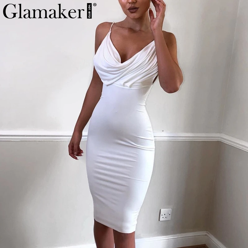 Glamaker Backless Bodycon Midi Sexy Dress Women Fashion V Neck Pleated