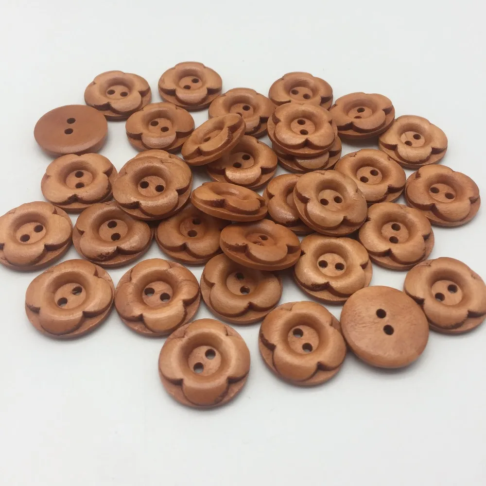 50pcs 20mm Light Brown Wooden Round Flower Buttons 2 Holes Sewing DIY ...