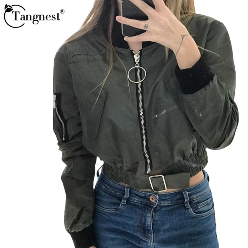Women Solid Short Bomber Jacket Coats Loose Long Sleeve Zipper Pockets ...
