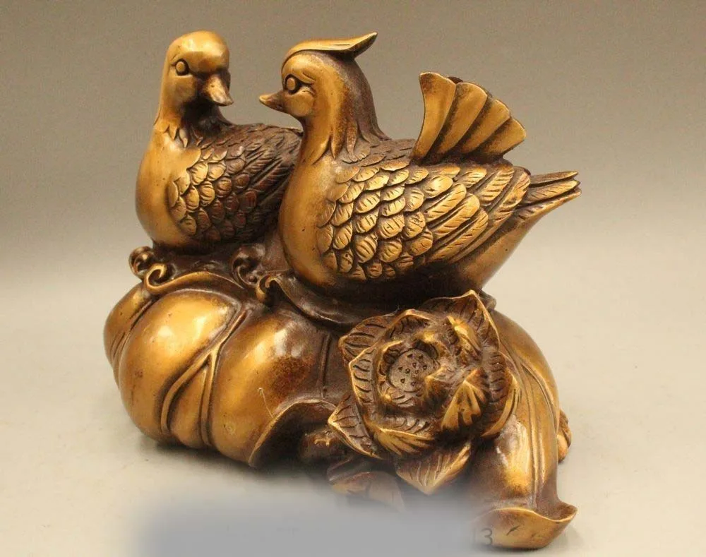 10" Chinese Folk Brass Cute Male Female Mandarin duck Bird Lotus Flower ...