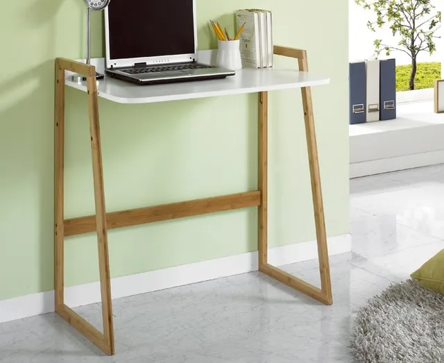 Wood laptop desk Residential furniture minimalist Ikea bookshelf ...