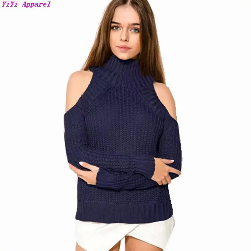 New Leisure High Necked Strapless Sweater 6 Color Women Sexy Turtleneck Hollow Out Shoulder Long