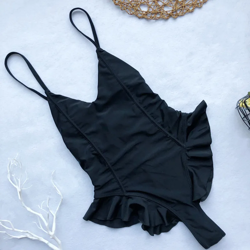 Melphieer Scrunch Butt Swimsuit Red Monokini Ruffle Sexy Lace Up One ...