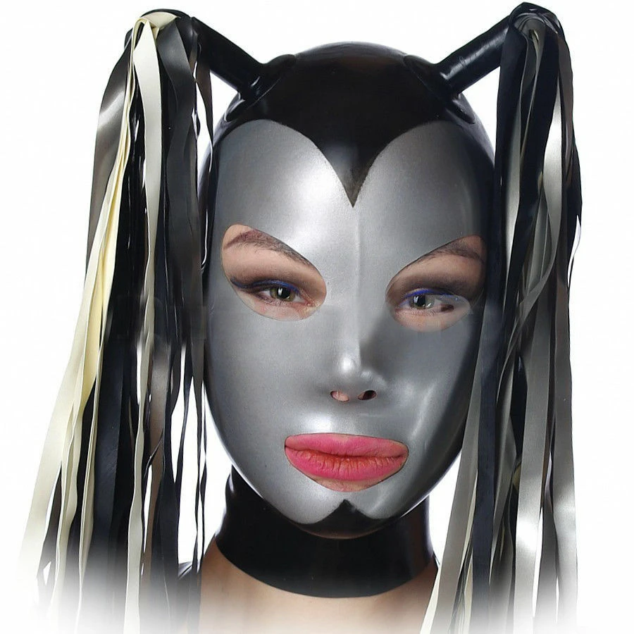 Sexy Latex Hood Rubber Mask with Tails for Catsuit Unisex Party Wear ...
