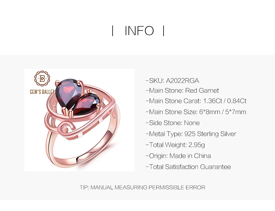 GEM'S BALLET 2.21Ct натуральный красный гранат бабочка кольцо 925 пробы серебро Розовая позолота ...