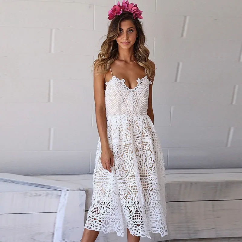 Fuedage White Lace Dress Women Red Backless Sexy Party Dresses Elegant