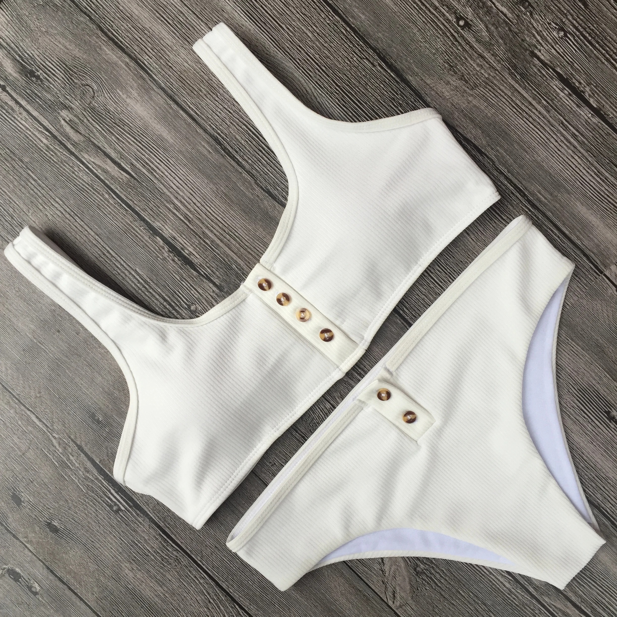 White Swimwear Women Push Up Padded Bra Bandage Bikini Set Button White