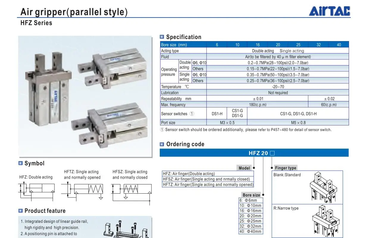 Peças Pneumáticas Gripper Cilindro Pneumático Hfz6 Hfz10 Hfz16 Hfz20 Hfz25