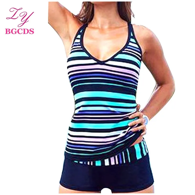 Plus Size Bikini Set Tankini Swimsuit Striped Swimwear Women Shorts